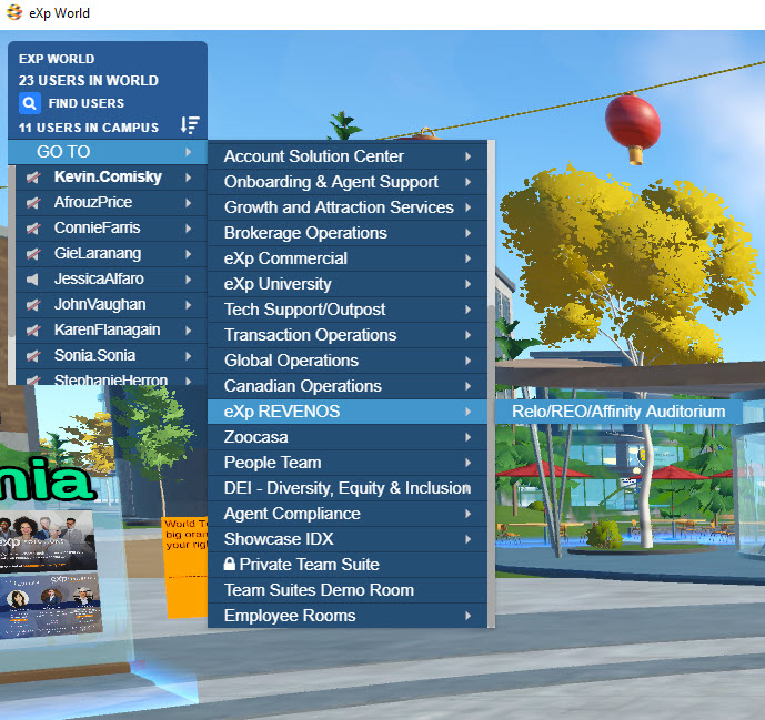 How do I get to the Revenos - Relo/REO/Affinity Auditorium in eXp World?